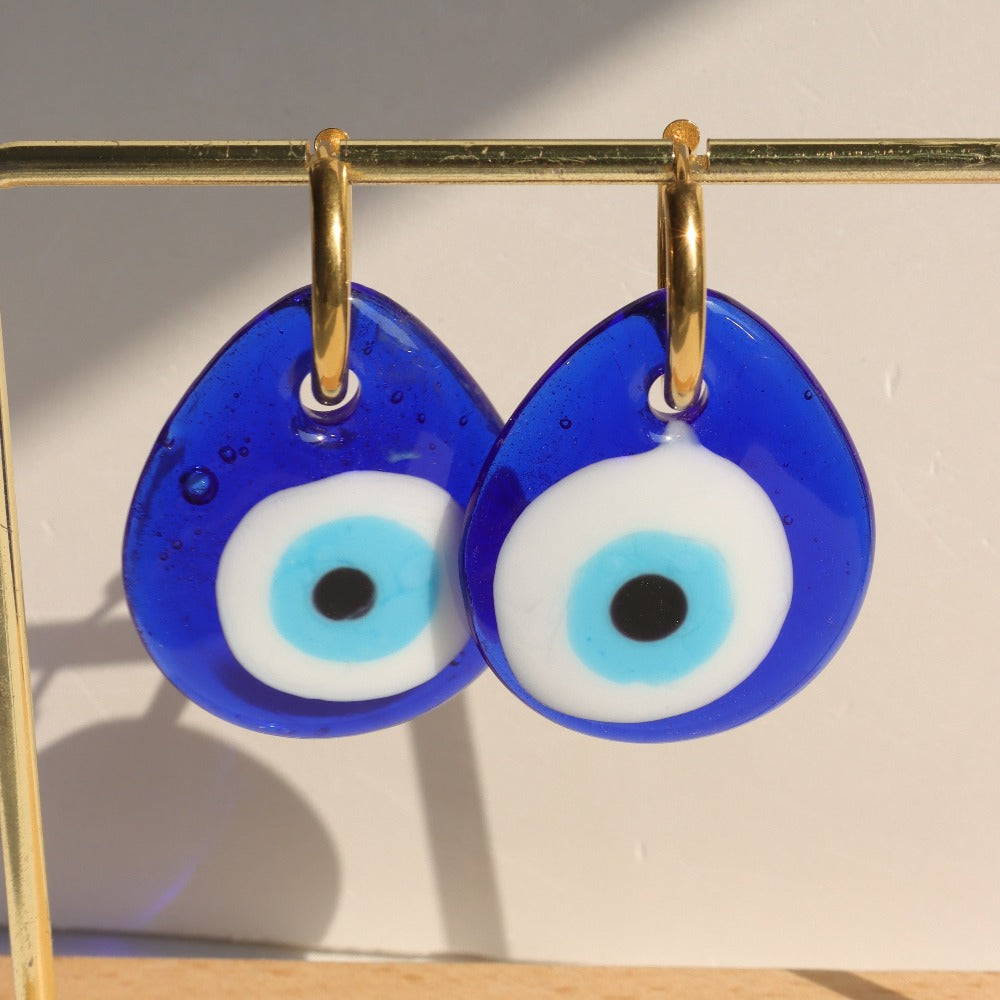 Vibrant Glass Evil Eye Round Drop Earrings: Modern Metal Hoop for ...